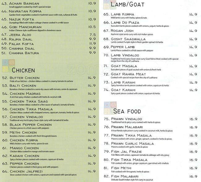 Menu at Indus Village restaurant, Blacktown