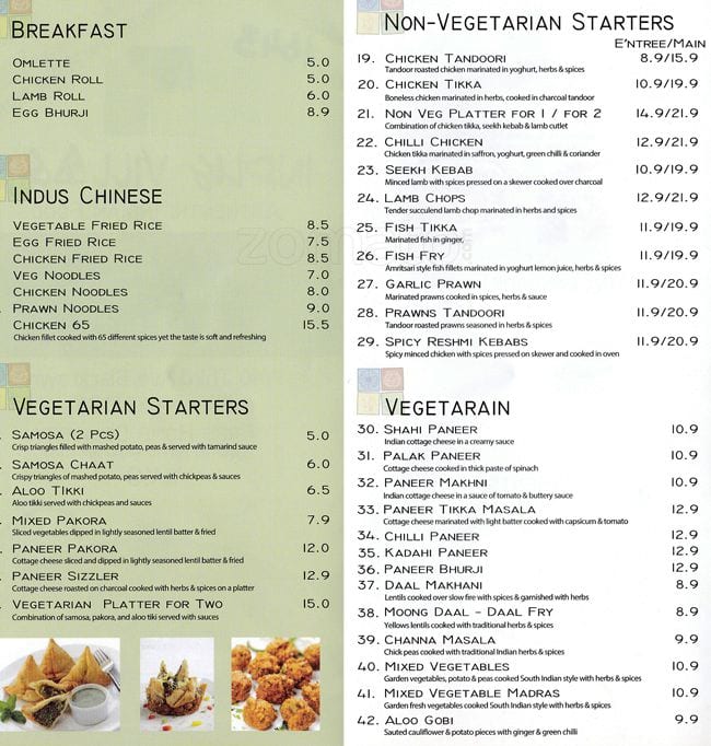 Menu at Indus Village restaurant, Blacktown