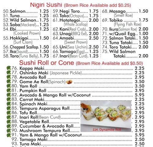 Menu at Volcano Sushi restaurant, Vancouver, Commercial Dr