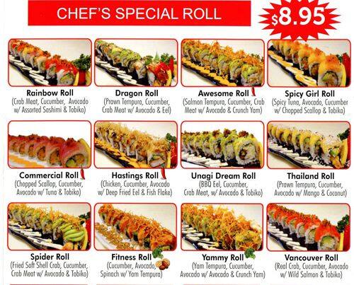 Menu at Volcano Sushi restaurant, Vancouver, Commercial Dr