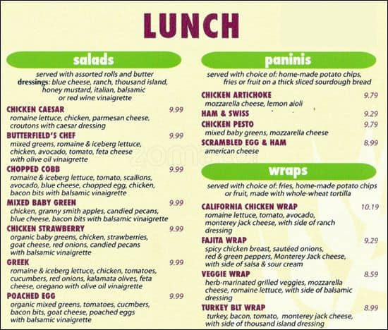 Menu at Butterfield's restaurant, Naperville, N Naper Blvd