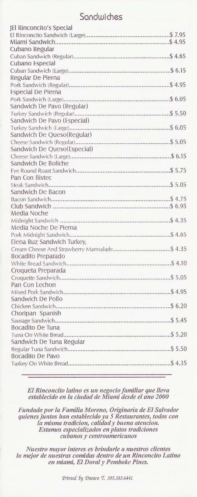 Menu at El Rinconcito Latino Coral Way restaurant, Miami, SW 24th St