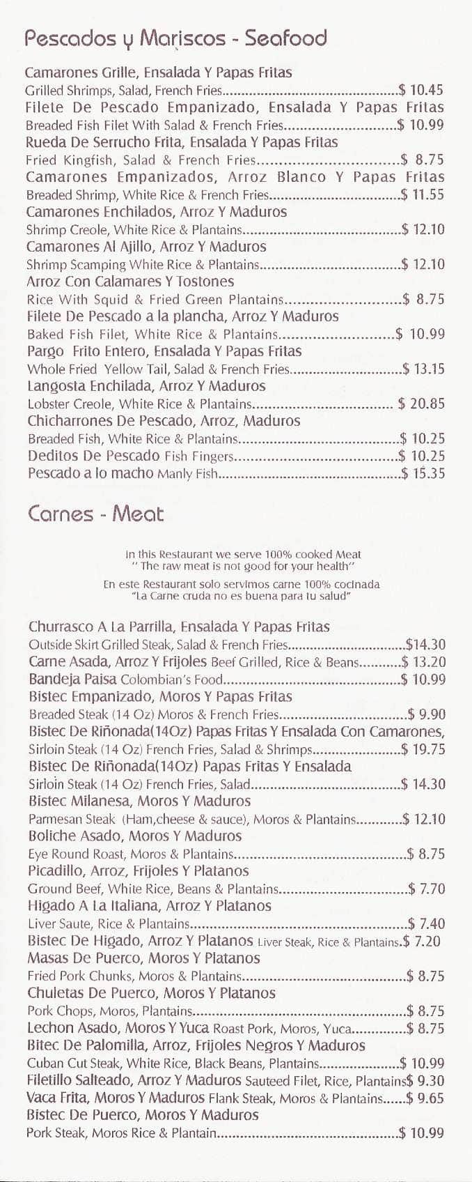 Menu at El Rinconcito Latino Coral Way restaurant, Miami, SW 24th St