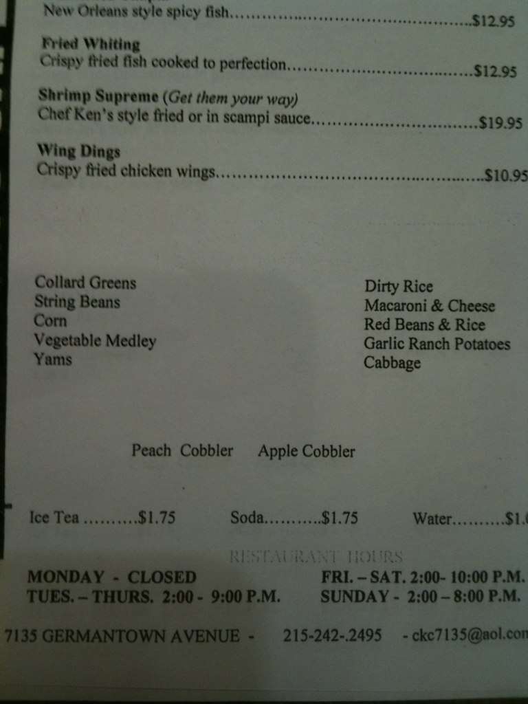 Menu at Chef Ken's cafe, Philadelphia