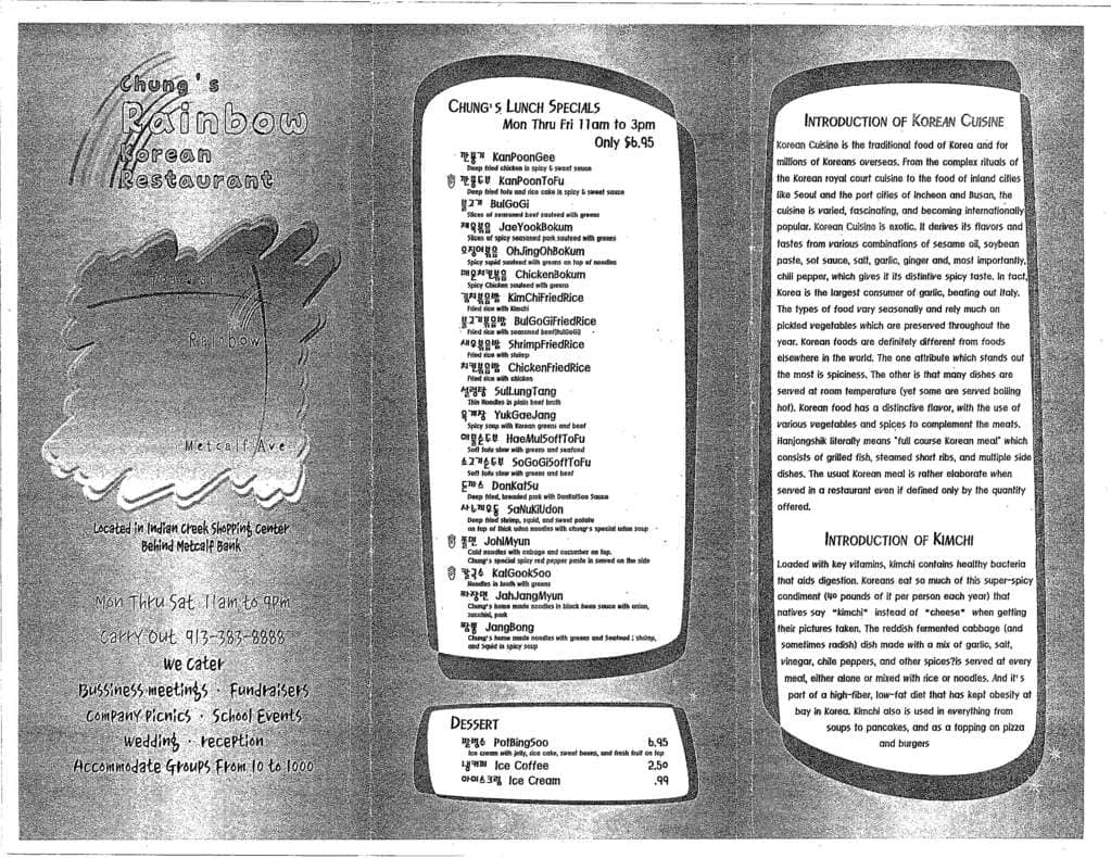 Chung's Rainbow Menu, Menu for Chung's Rainbow, Overland Park, Kansas ...