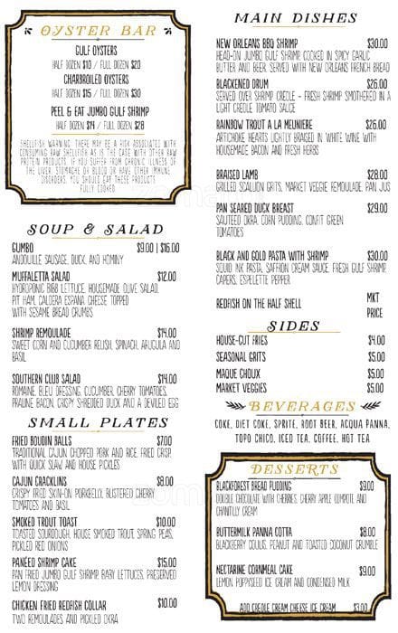 Menu at Cookhouse restaurant, San Antonio