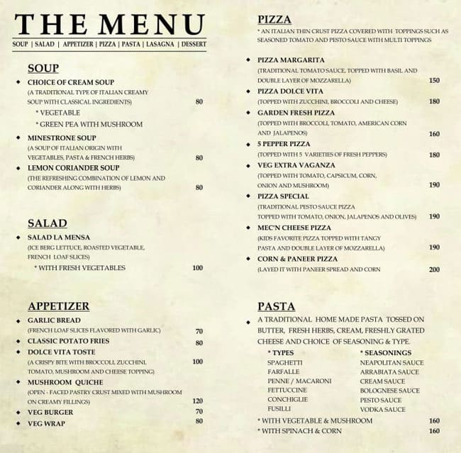 Menu at La Mensa, Coimbatore