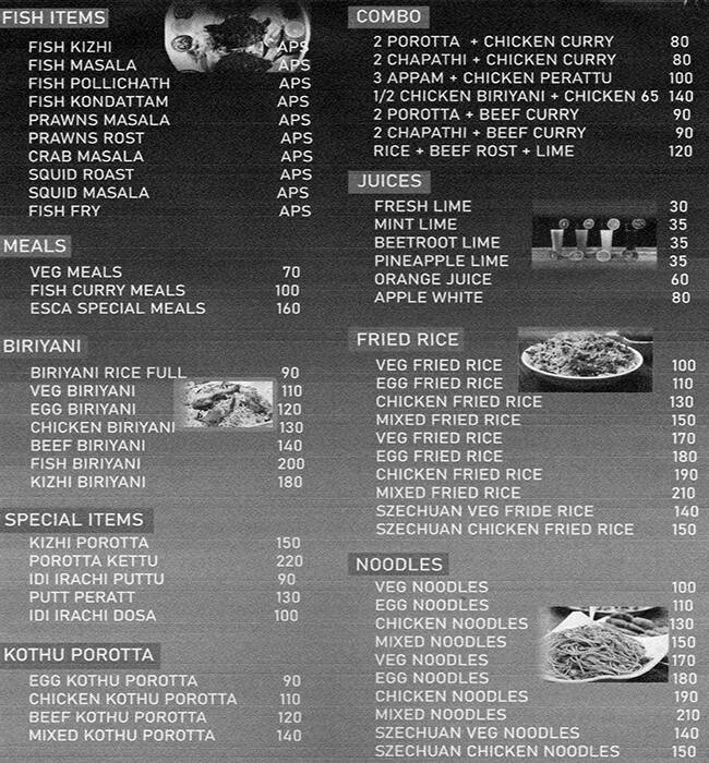 Menu of Esca Restaurant, Poothole, Thrissur