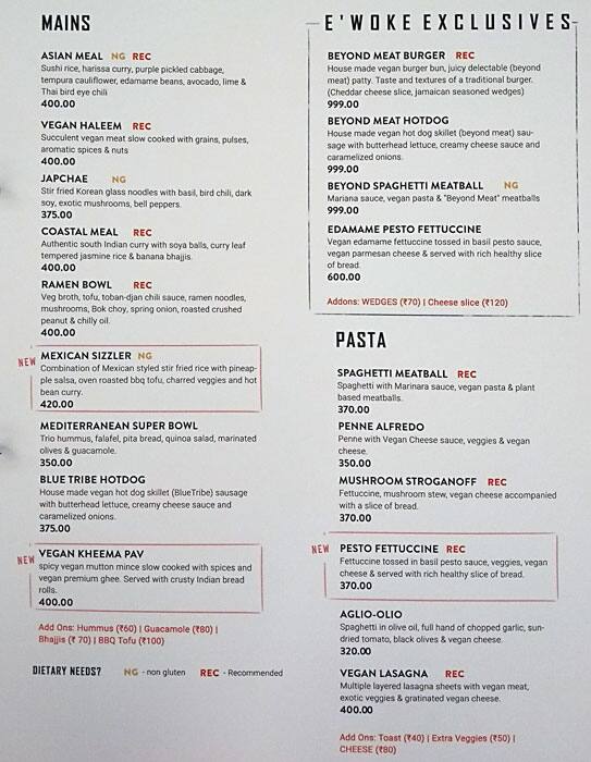 Menu at e'woke, Hyderabad
