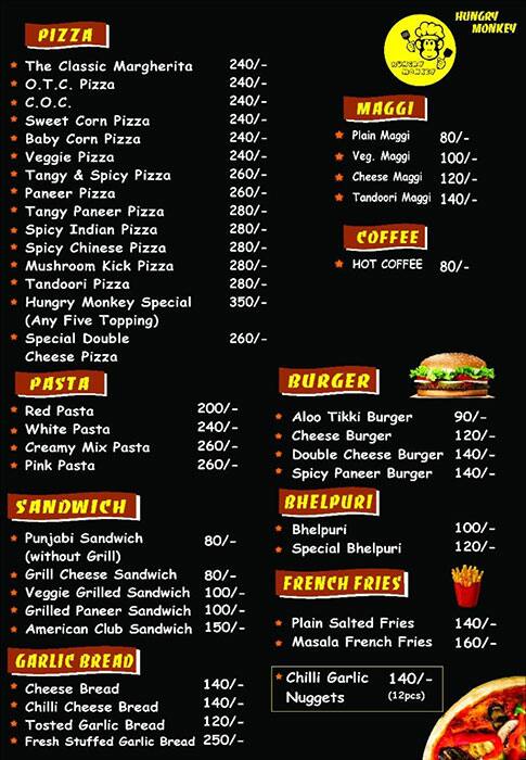 Menu of Hungry Monkey, Shyam Nagar, Jaipur
