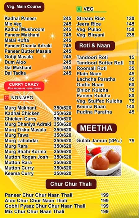 Menu of Swagat Restaurant, Malad West, Mumbai