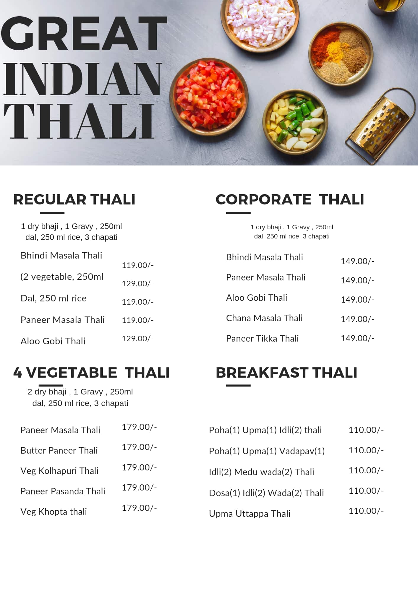 Menu of Great Indian Thali, Airoli, Navi Mumbai