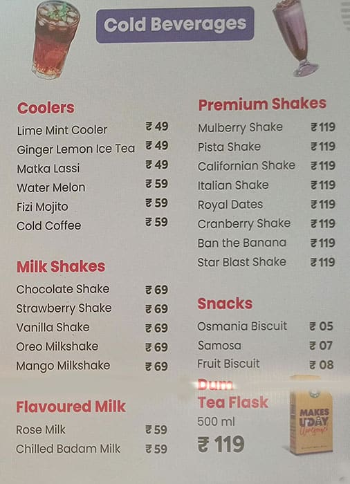 Menu of Tea Time, Lingampally, Hyderabad