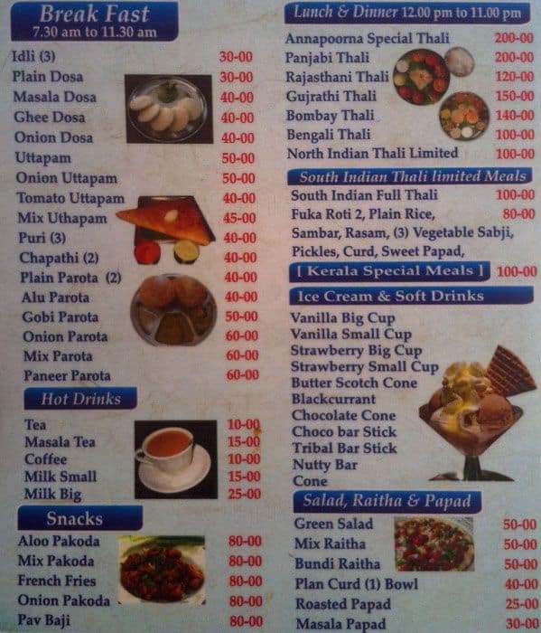 Annapoorna Restaurant Menu, Menu for Annapoorna Restaurant, Ittige Gudu ...
