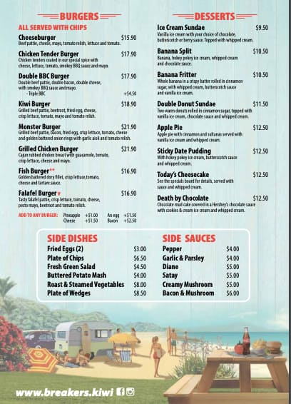 Menu at Breakers Kapiti Coast restaurant, Paraparaumu, Coastlands ...