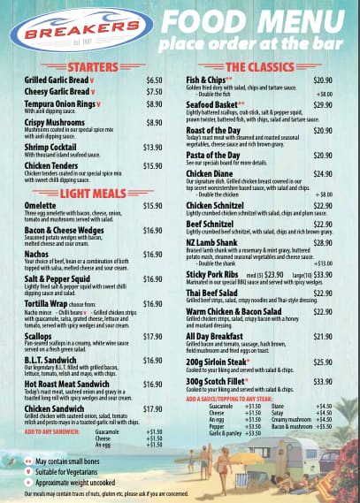 Menu at Breakers Kapiti Coast restaurant, Paraparaumu, Coastlands ...