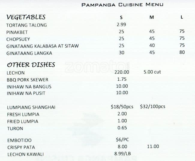 Menu at Pampanga Cuisine restaurant, Brampton, 400 Queen St W #7