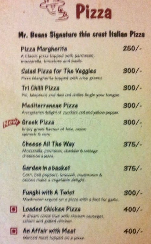 Menu at Mr Beans, Indore, 10 M.G. Road