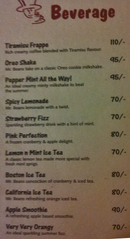 Menu at Mr Beans, Indore, 10 M.G. Road