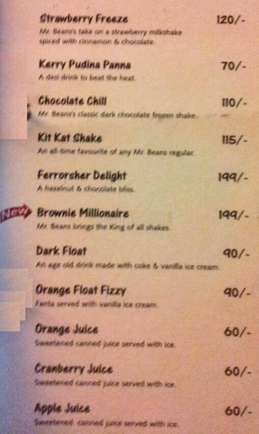 Menu at Mr Beans, Indore, 10 M.G. Road