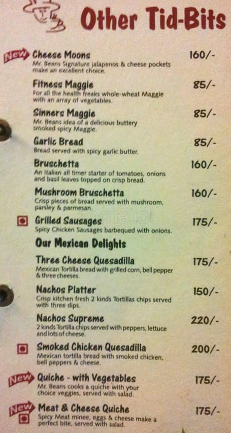 Menu at Mr Beans, Indore, 10 M.G. Road