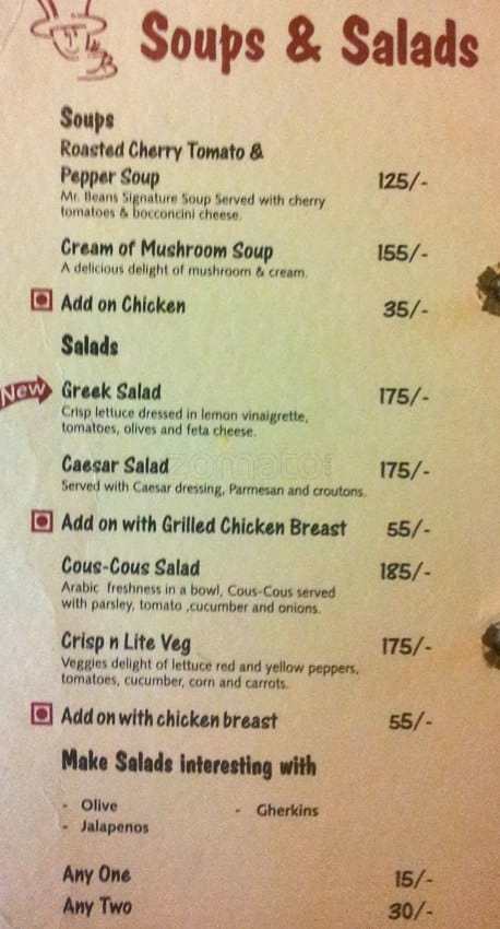 Menu at Mr Beans, Indore, 10 M.G. Road