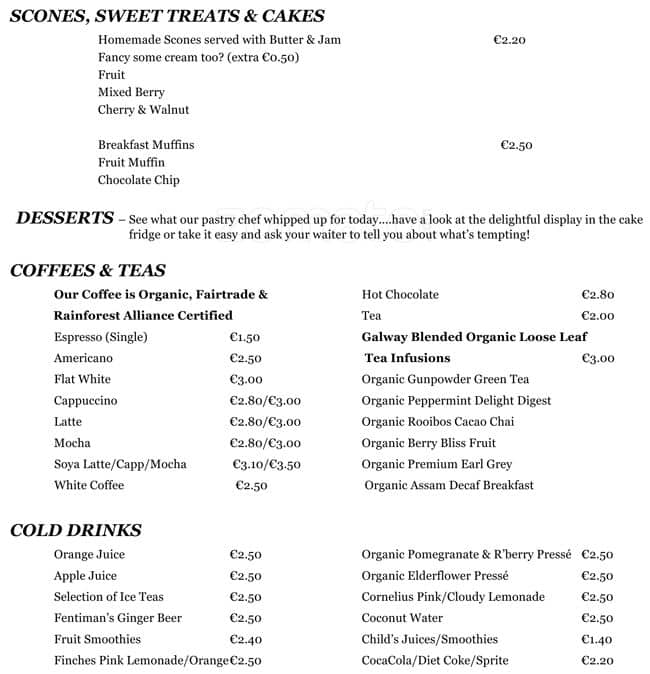 Menu at Kennedy's Food Store cafe, Dublin, 196 Clontarf Rd