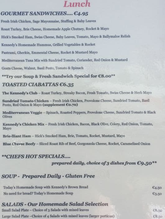 Menu at Kennedy's Fairview cafe, Dublin, 5 Fairview Strand