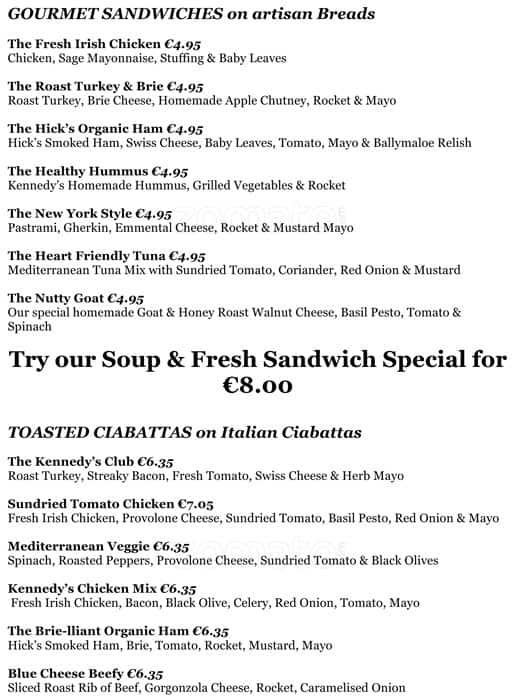 Menu at Kennedy's Food Store cafe, Dublin, 196 Clontarf Rd