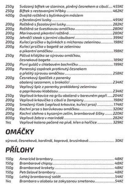 Menu at Mlejnice restaurant, Prague, Muzeum