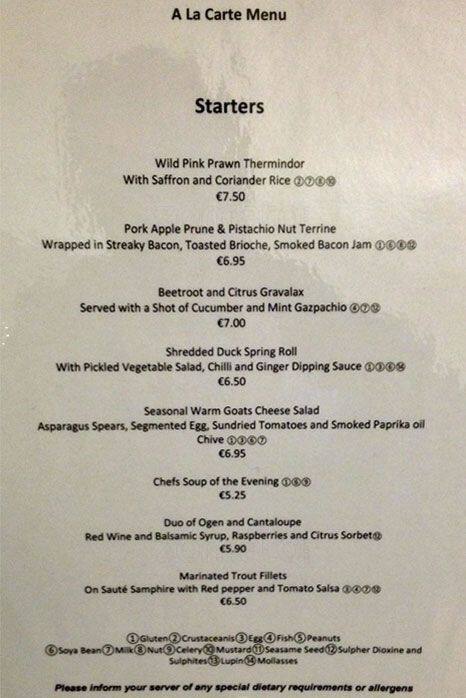 Menu at The Meridian - The Marine Hotel, Dublin