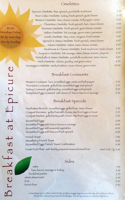 Menu at Epicure Café cafe, Houston