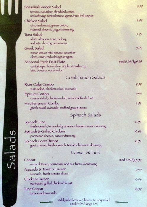 Menu at Epicure Café cafe, Houston