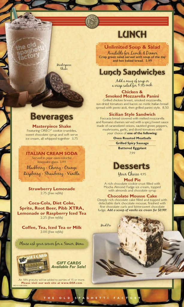 Menu at The Old Spaghetti Factory restaurant, Phoenix, N Central Ave