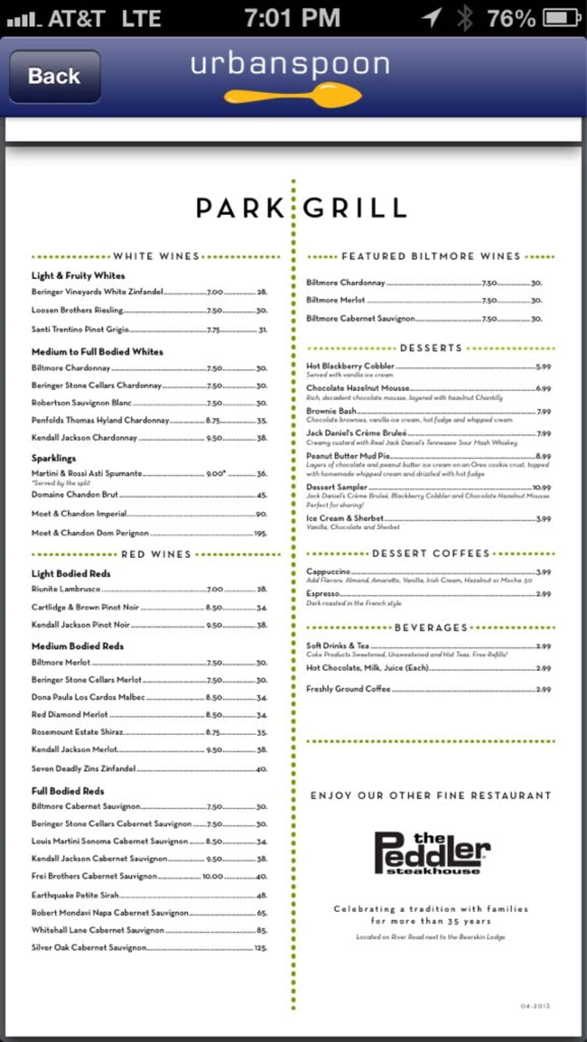 Menu at The Park Grill steakhouse, Gatlinburg, Parkway