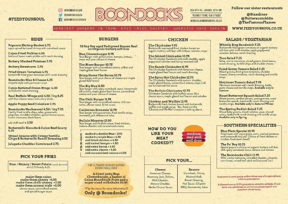 Menu at Boondocks pub & bar, London