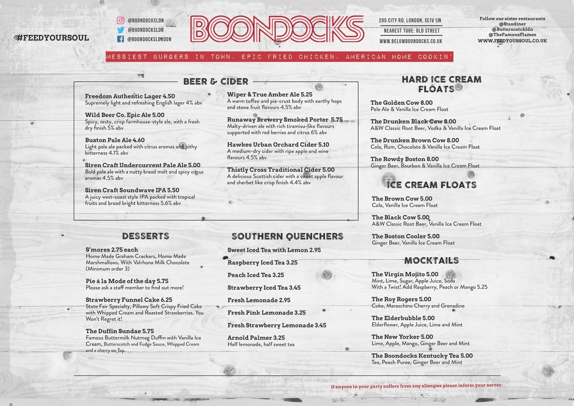 Menu at Boondocks pub & bar, London
