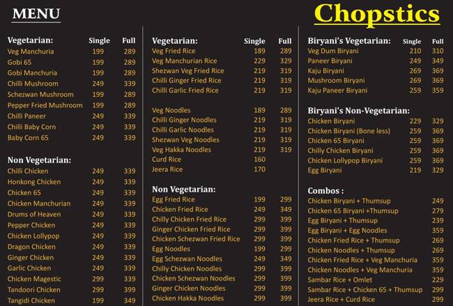 Menu of Chopsticks, Kukatpally, Hyderabad