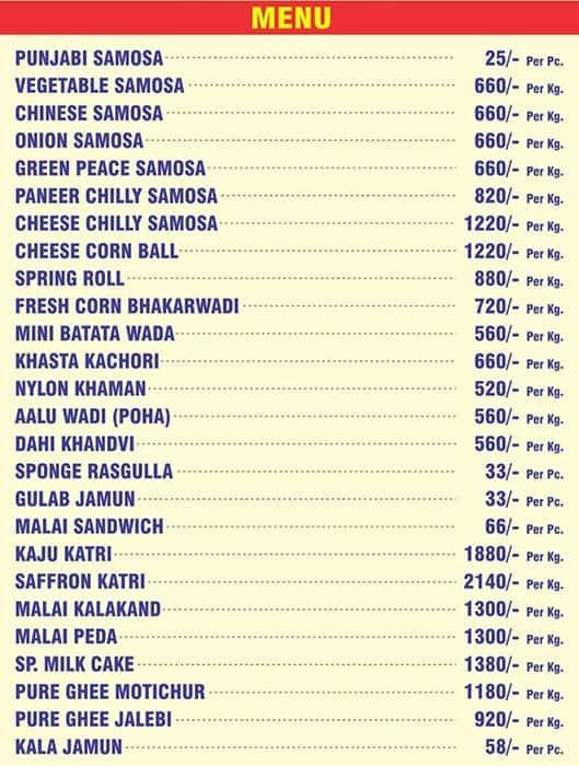 Menu of Vyas Sweets and Dryfruits, Goregaon West, Mumbai
