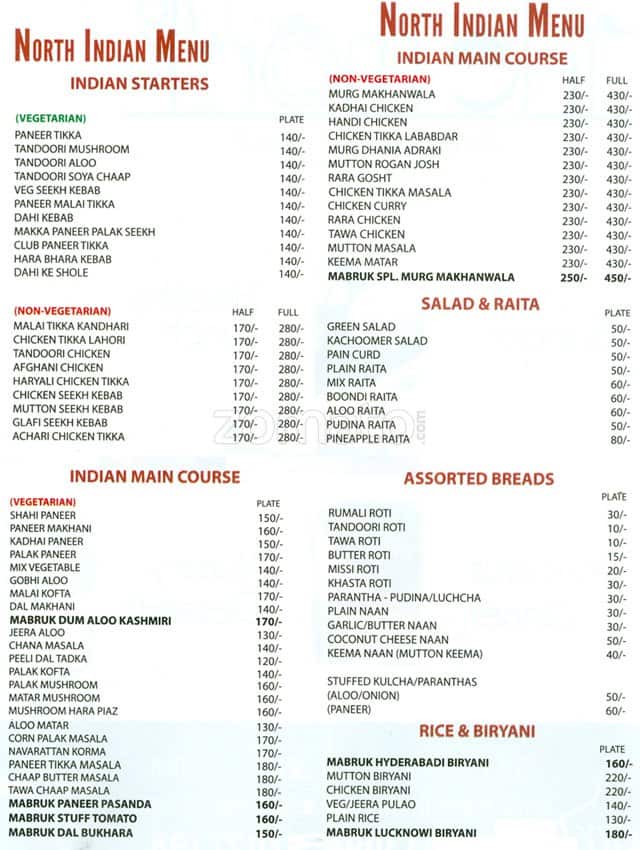 Menu at Mabruk Restaurant, Aamby Valley