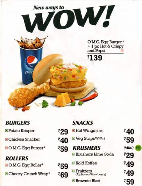 Menu at KFC, Hyderabad, Opposite Prime Meridian
