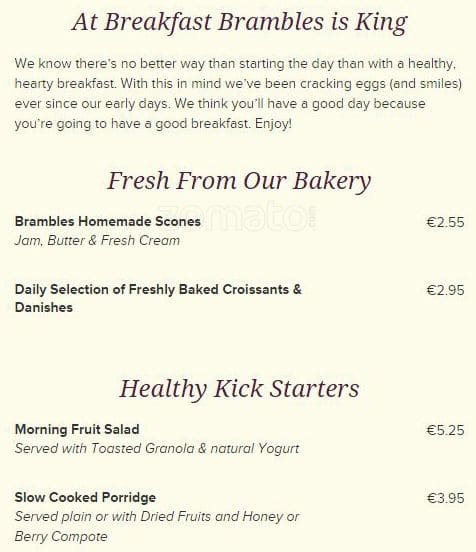 Menu at Brambles Restaurant, Dublin