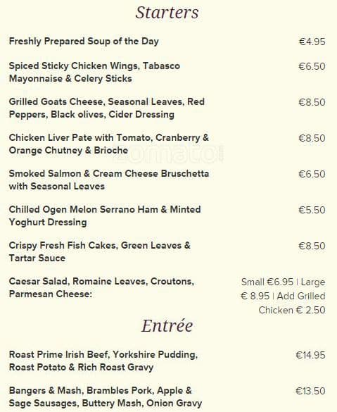 Menu at Brambles Restaurant, Dublin