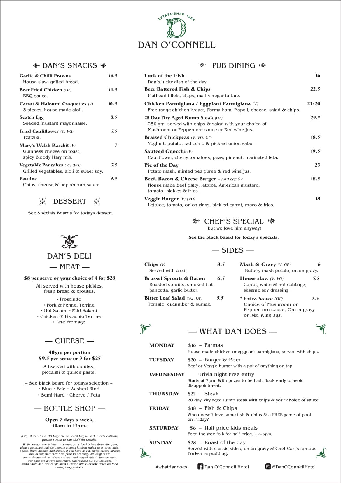 Menu at Dan O'Connell Hotel pub & bar, Melbourne