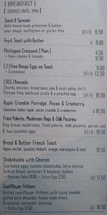 Menu at Our Little Secret cafe, Camberwell