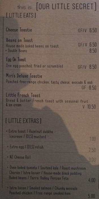 Menu at Our Little Secret cafe, Camberwell