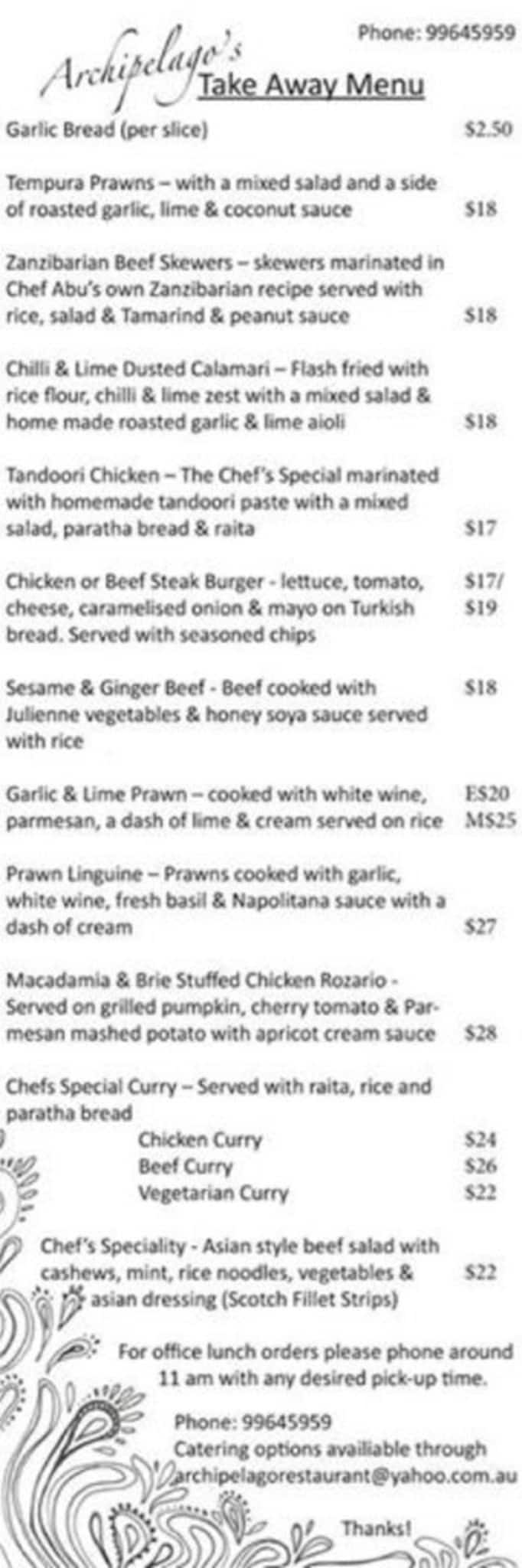 Menu at Archipelago restaurant, Geraldton