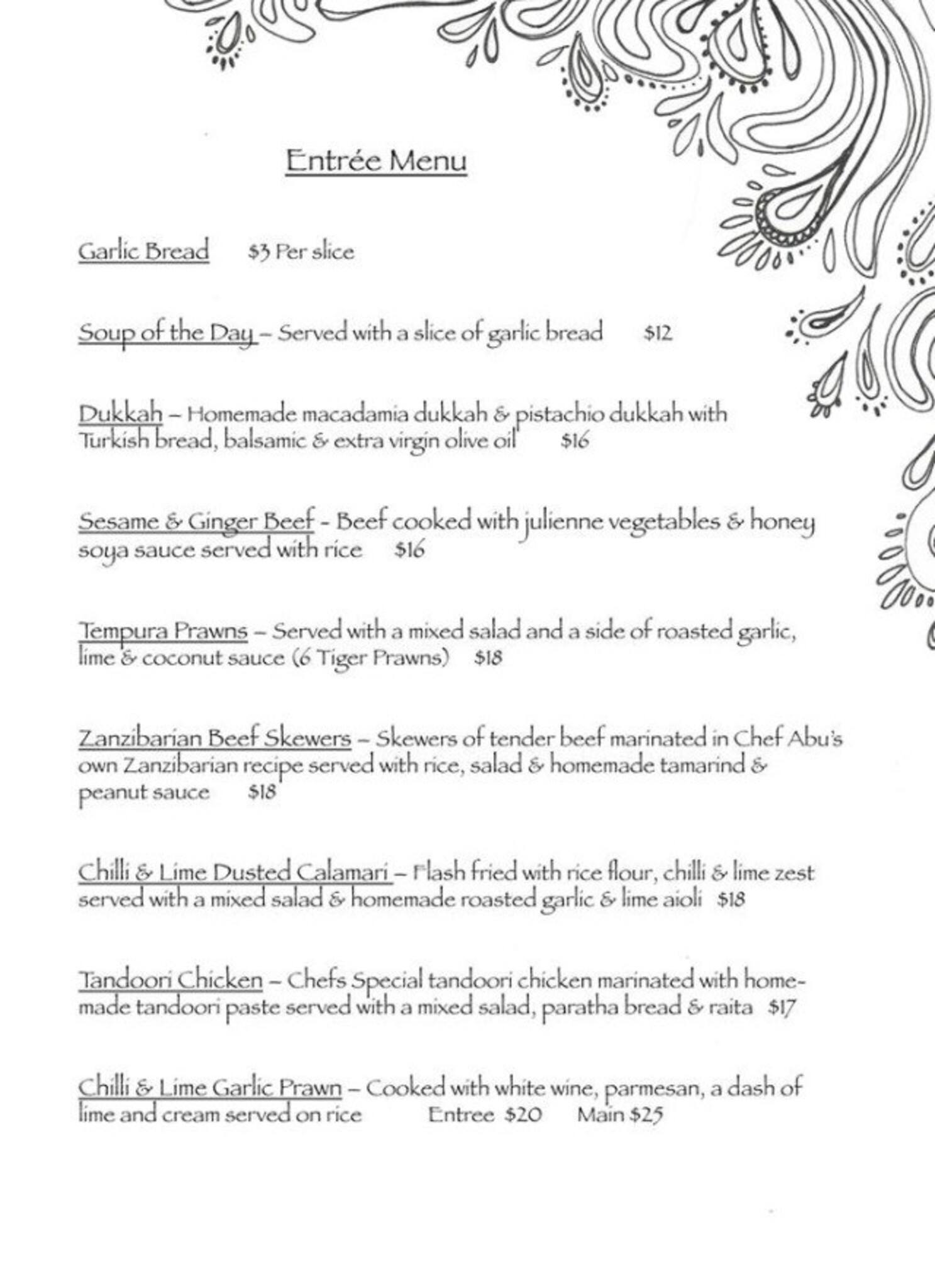 Menu at Archipelago restaurant, Geraldton