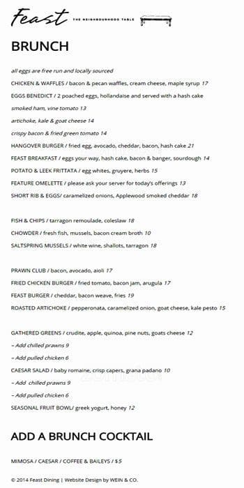 Menu at Feast Restaurant Ltd, West Vancouver