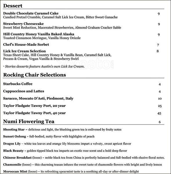 Menu at Stories restaurant, Wyldwood, 575 Hyatt Lost Pines Rd